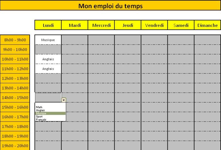Mon emploi du temps pour Excel - 1001tableurs.com Mon emploi du temps pour Excel - 1001tableurs.com